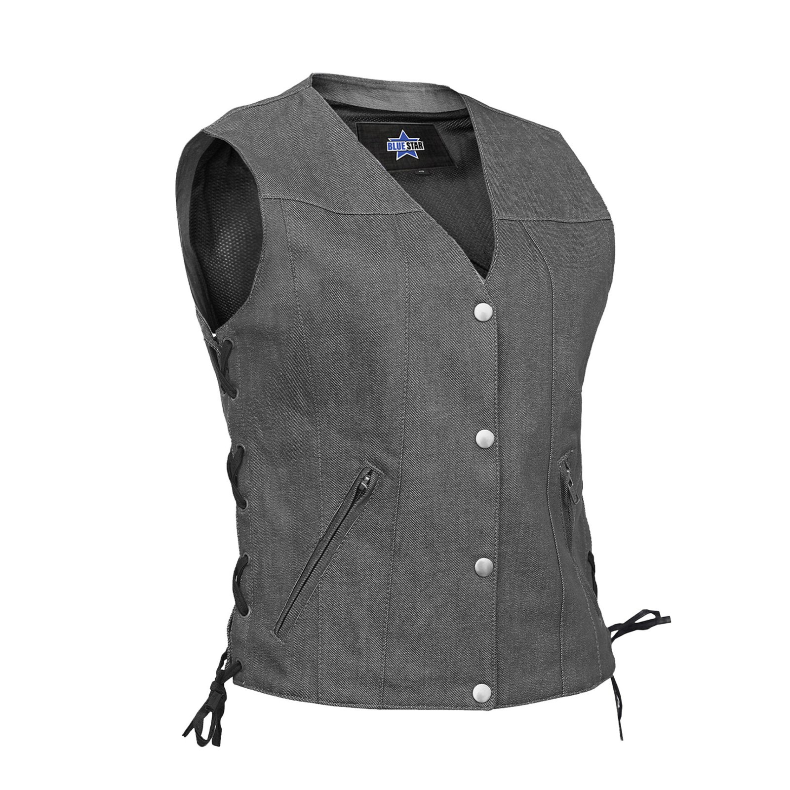 BSM2545 Women's Rough Rub-Off Raw Finish Broken Gray Denim Vest - Blue ...