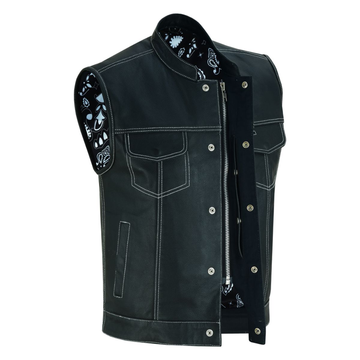 BSM1582 Men’s Paisley Black Leather Motorcycle Vest with White ...